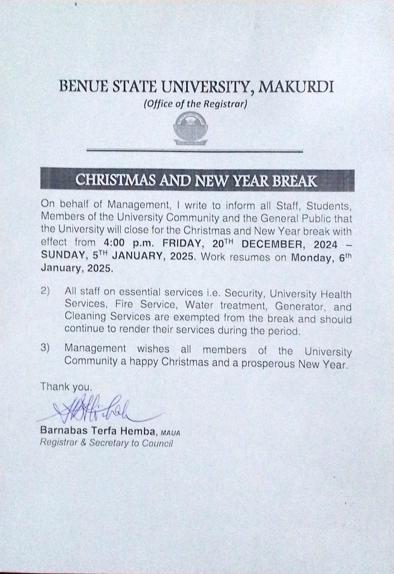 BENUE STATE UNIVERSITY (BSU) ANNOUNCES 2024 END OF YEAR BREAK - SEGIO ...
